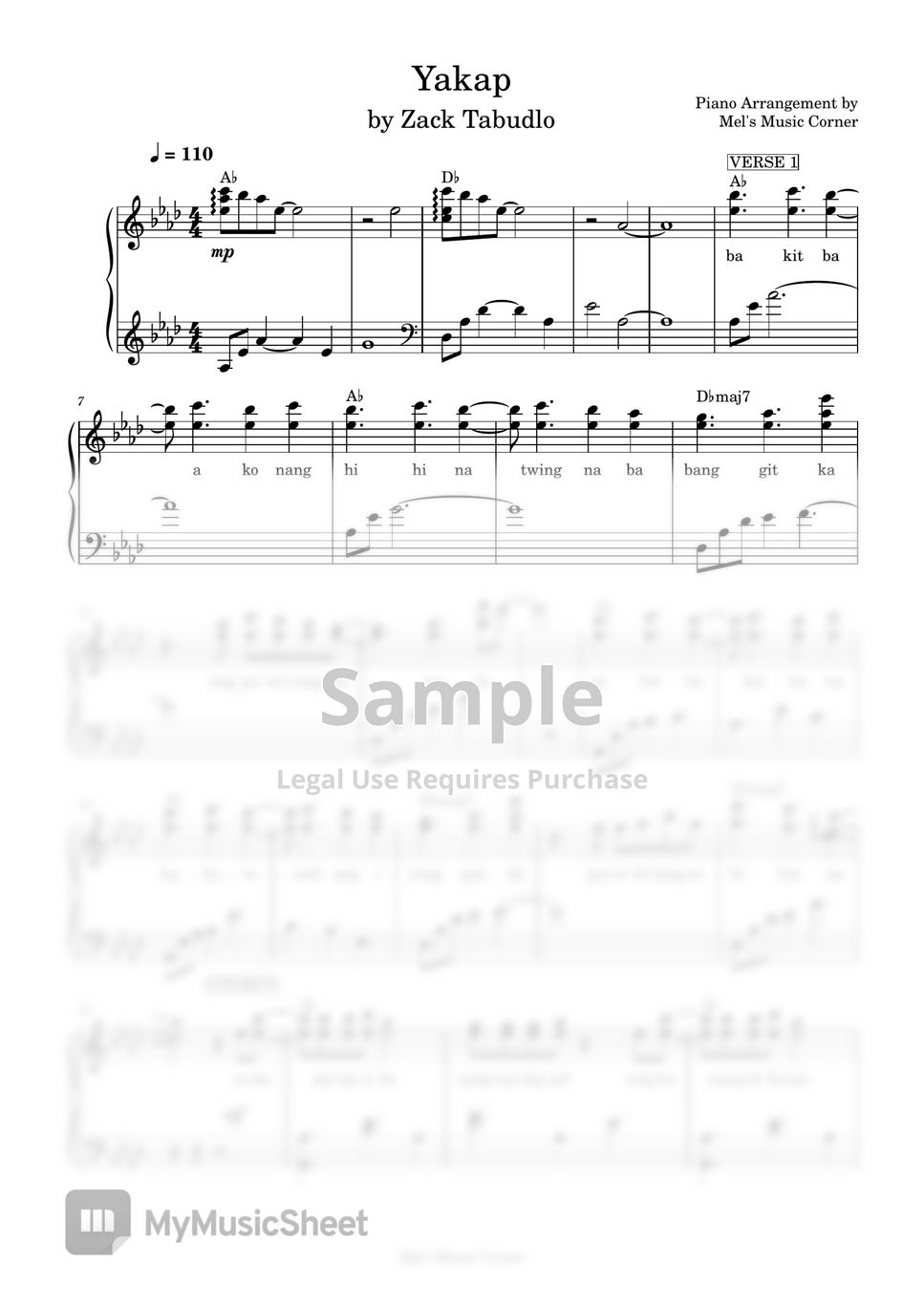 Zack Tabudlo - Yakap (piano sheet music) Sheet Music by Mel's Music Corner