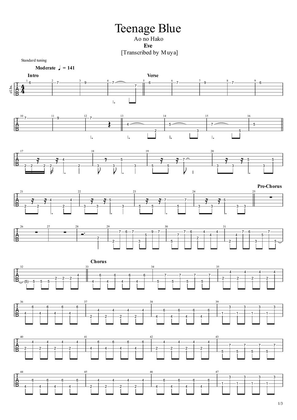 Eve - Teenage Blue (Bass TAB) Sheets by Muya