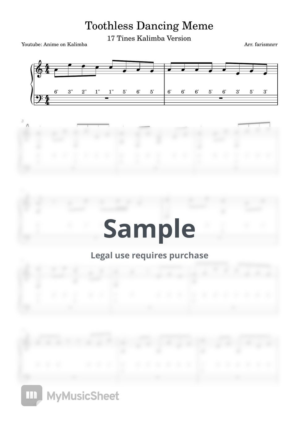 Anime on Kalimba - Toothless Dance TAB+1 Staff by farismnrr