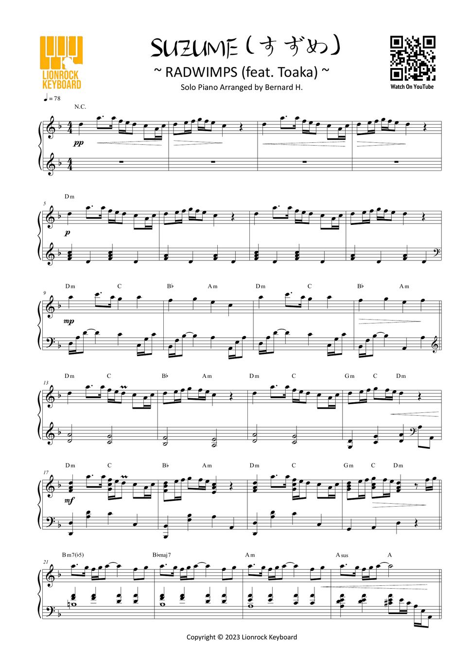 Radwimps (Feat. Toaka) - Suzume Sheets by Bernard Hui