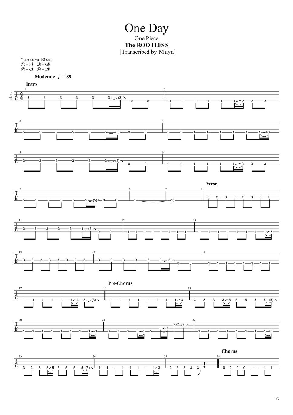 The ROOTLESS - One day (Bass TAB) 악보 by Muya