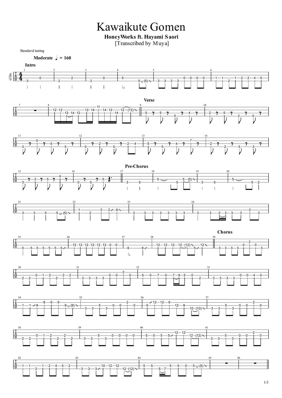 HoneyWorks - Kawaikute Gomen (Bass TAB) Lembar Musik by Muya Rizal
