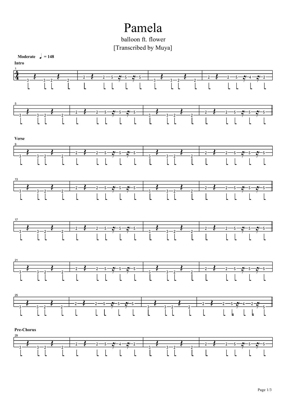 balloon - Pamela (Bass TAB) Sheet Music by Muya