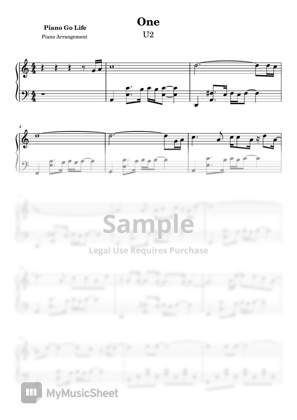 U2 - One 악보 by Piano Go Life