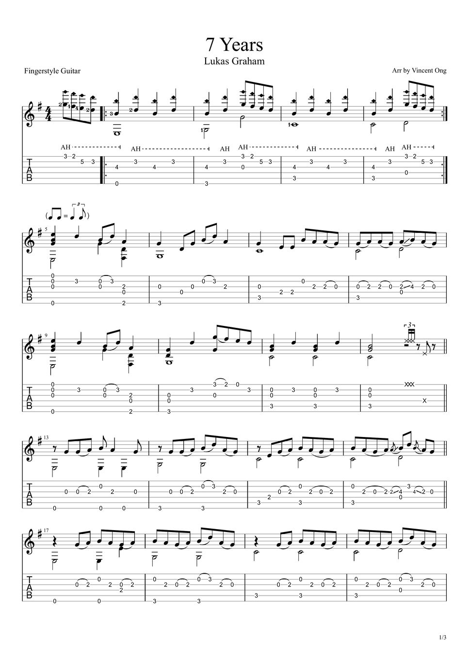 Lukas Graham - 7 Years (Guitar Fingerstyle) Tab + 1staff by Vincent Ong