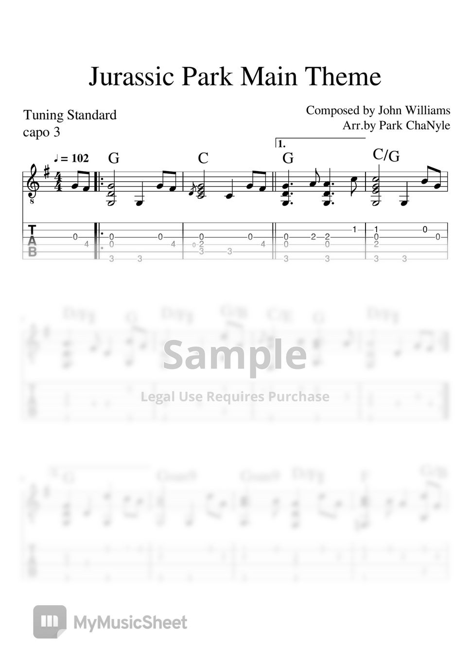 John Williams Jurassic Park Main Theme Fingerstyle Tab 1staff By