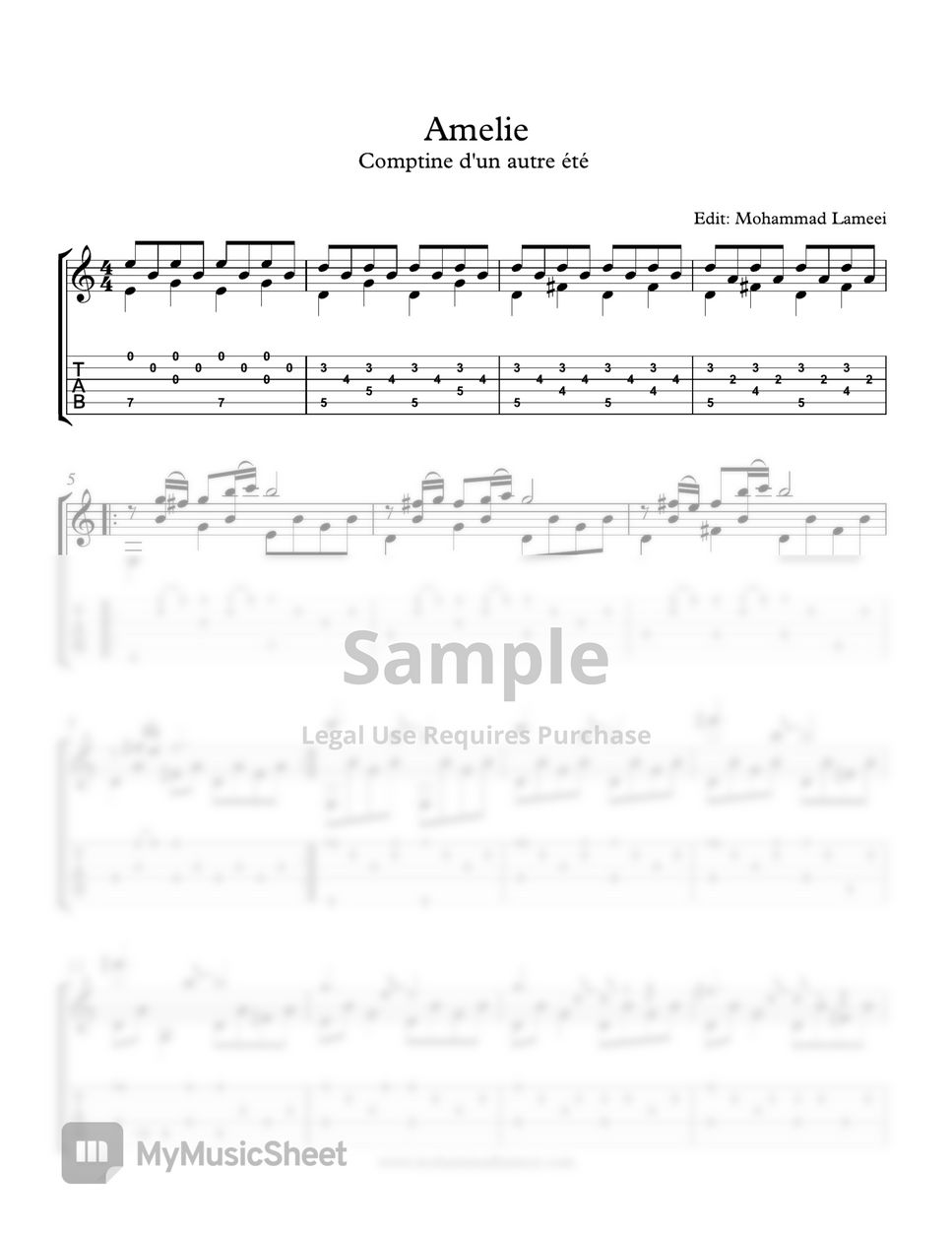 Yann Tiersen - Amelie, comptine d'un autre été Sheet Music by Mohammad ...