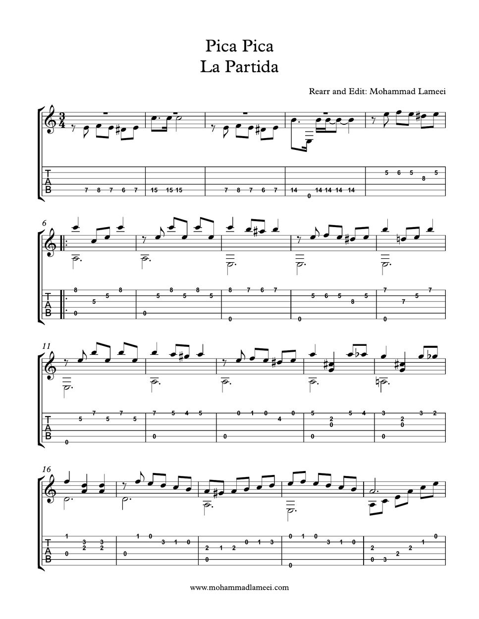 La partida - pica pica Waltz Tab + 1staff by Mohammad Lameei