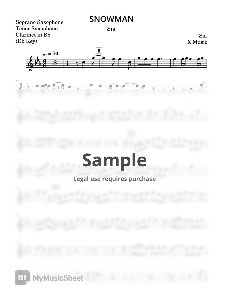 Sia - Snowman (Db.Bb.Eb.F Key/附伴奏連結(With Karaoke Links)/含簡譜) Sheets by ...