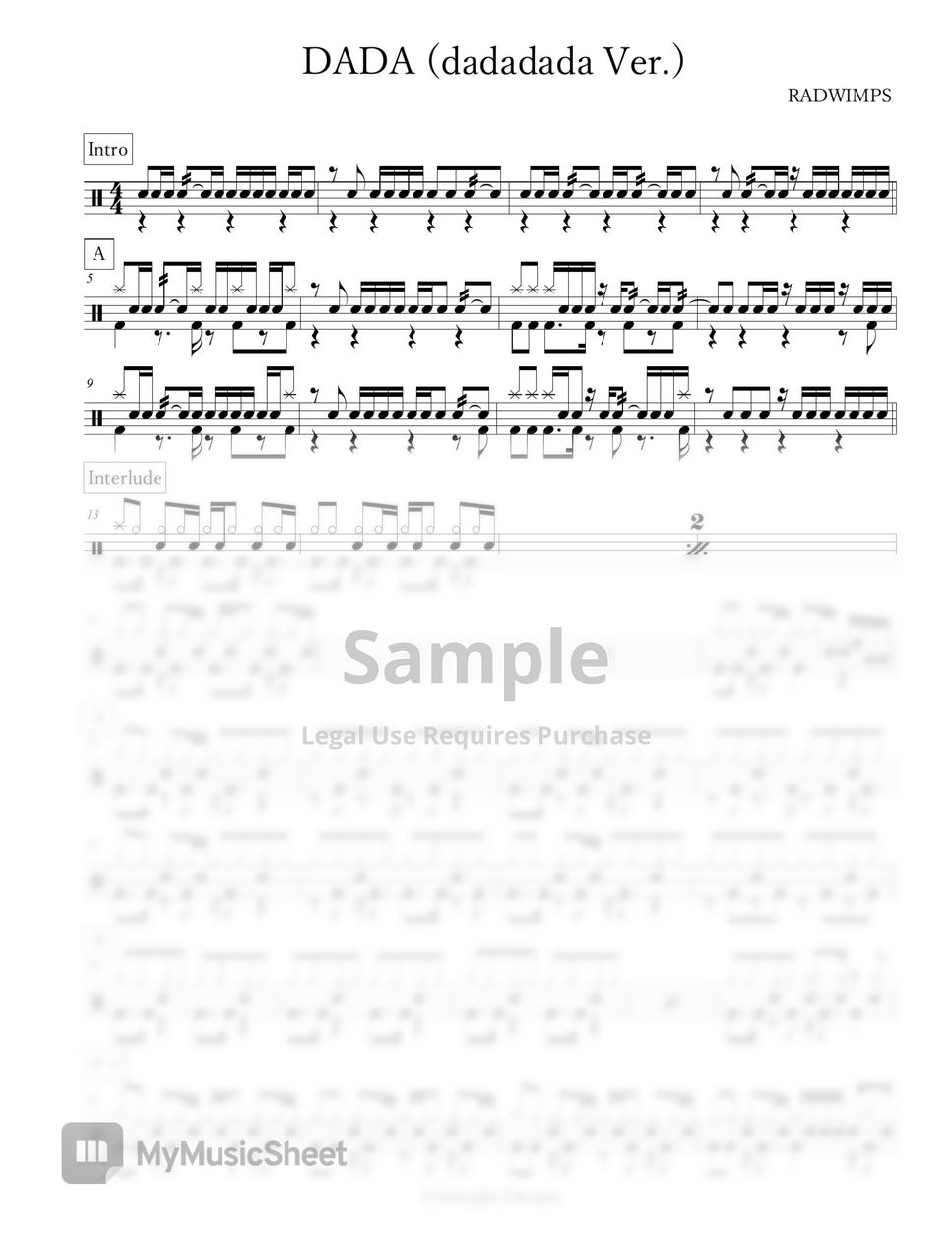 RADWIMPS - DADA (dadadada Ver.) Sheets by Arkadia Drums