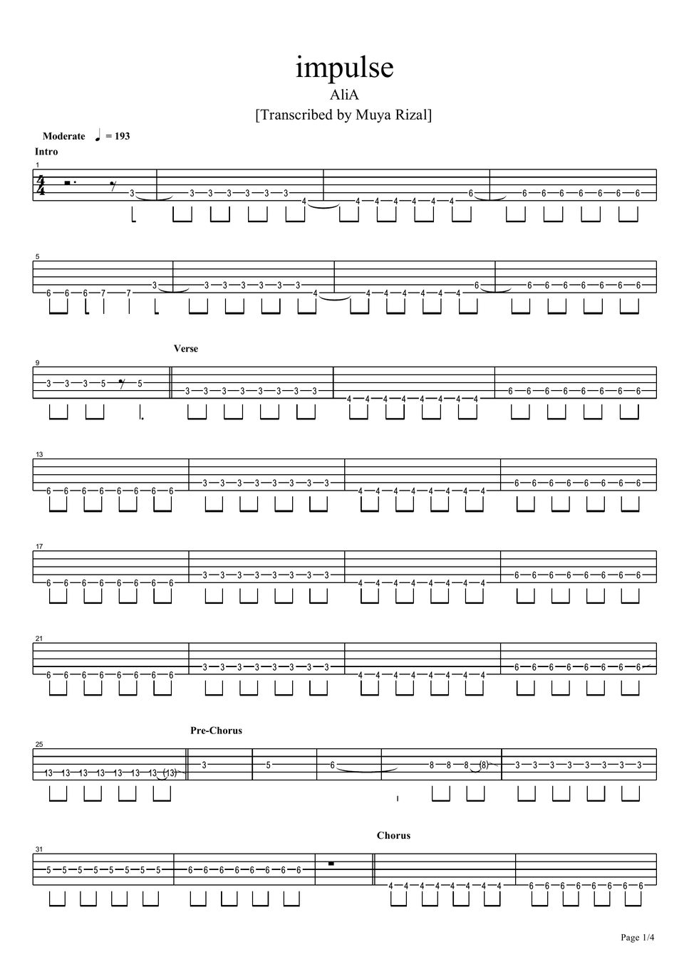 AliA - impulse (Bass TAB) Sheets by Muya