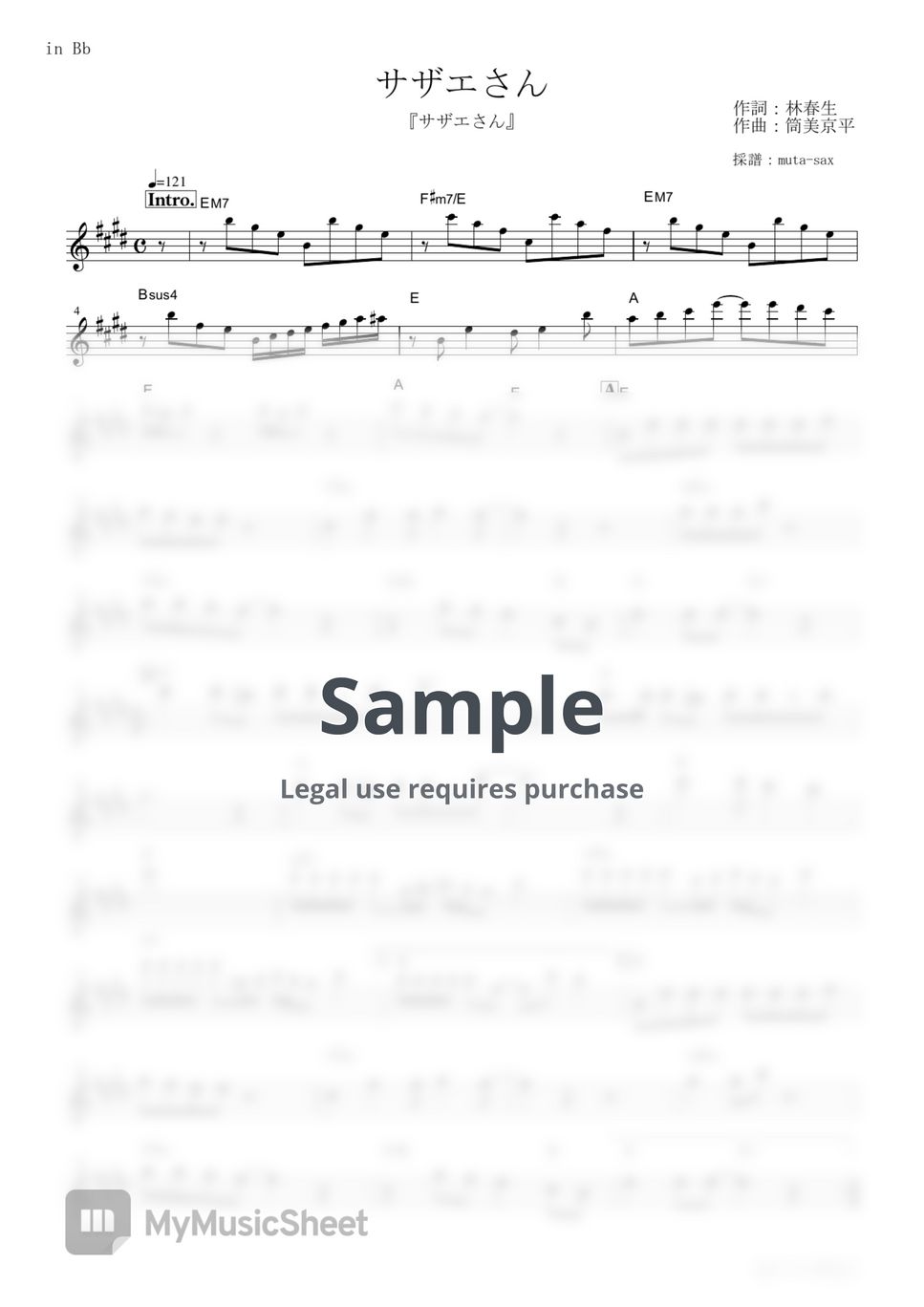 Yuko Uno - Sazae-san (Mrs. Sazae / in Bb) Sheet Music by muta-sax