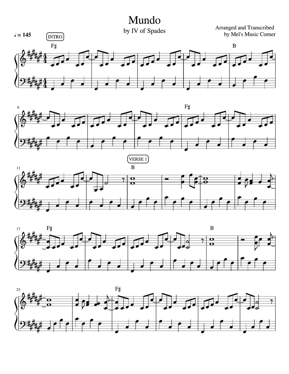 IV of Spades - Mundo (piano sheet music) Sheet by Mel's Music Corner