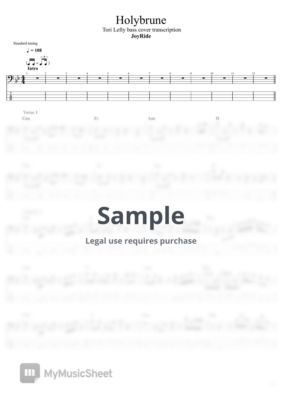 Holybrune - JoyRide Tab + Partition à une seule portée by Tori Lefty
