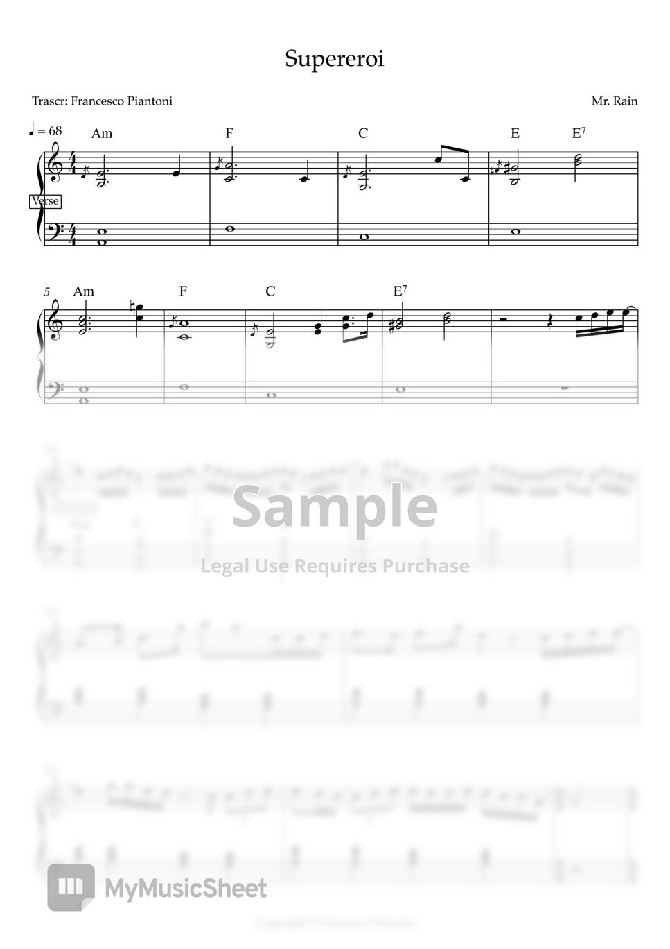 Mr Rain - Supereroi (spartito pianoforte con melodia) 楽譜 by Francesco ...