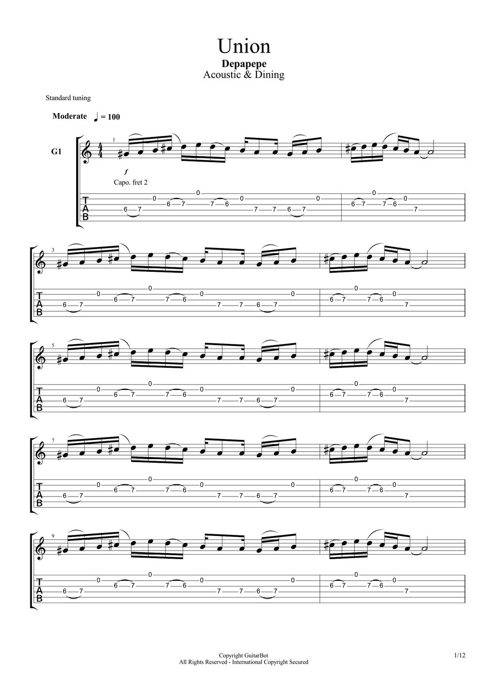 Depapepe - Union (Guitar Duet Tab) Tab + 단선 악보 by GuitarBot