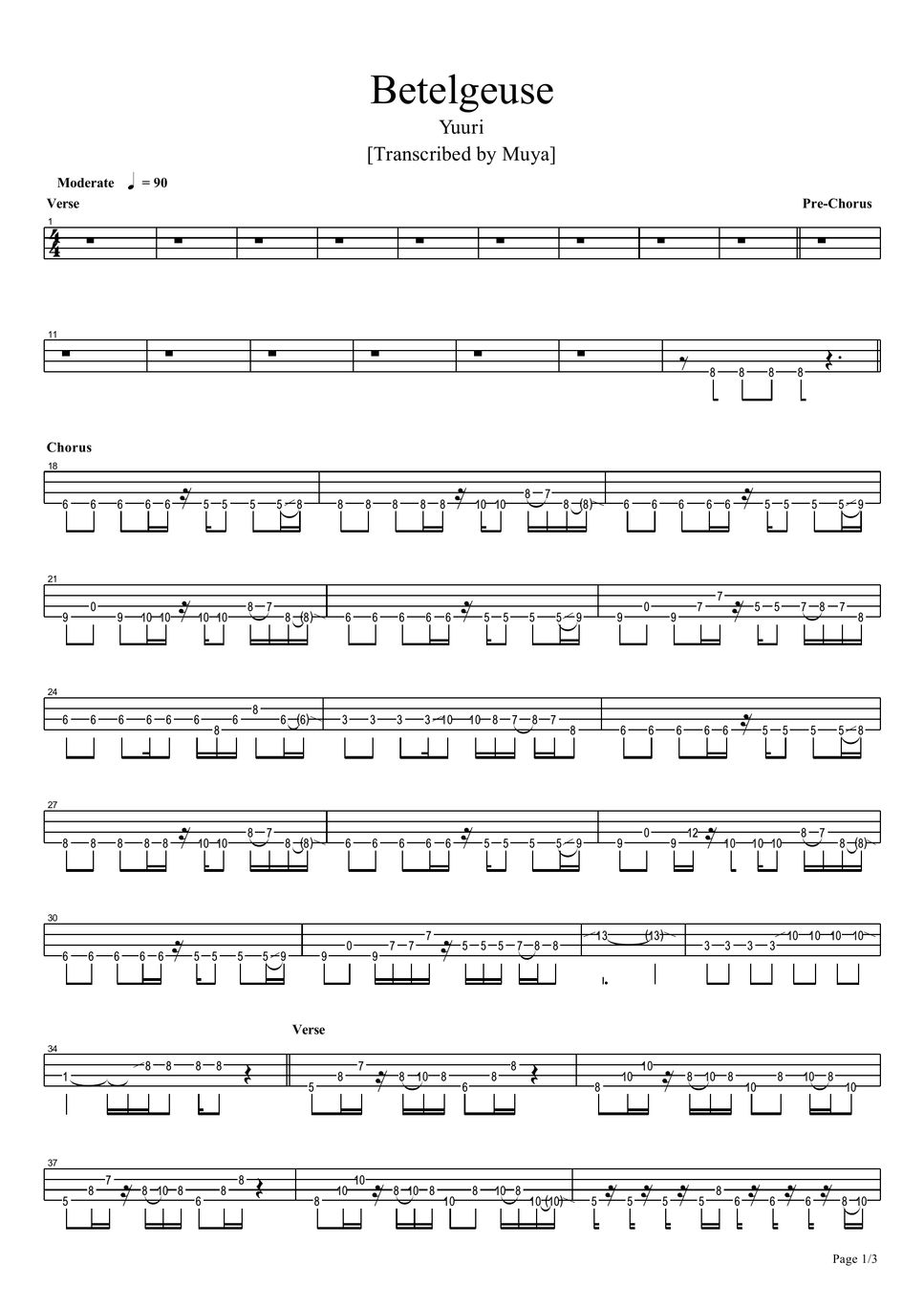 Yuuri Betelgeuse Bass Tab Partition Musicale By Muya Rizal