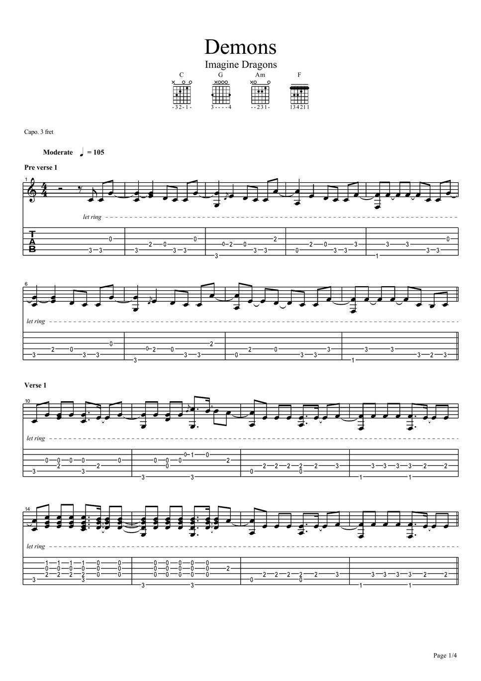 G & Guitar - Imagine Dragons - Demons fingerstyle guitar Sheets by G ...
