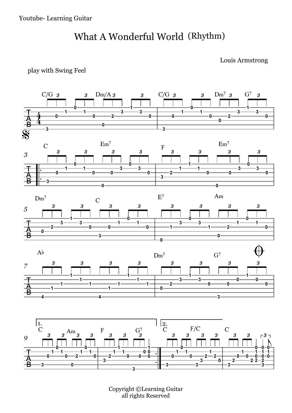 Luis Armstrong - What a Wonderful World (Rhythm TAB) TAB by Learning Guitar