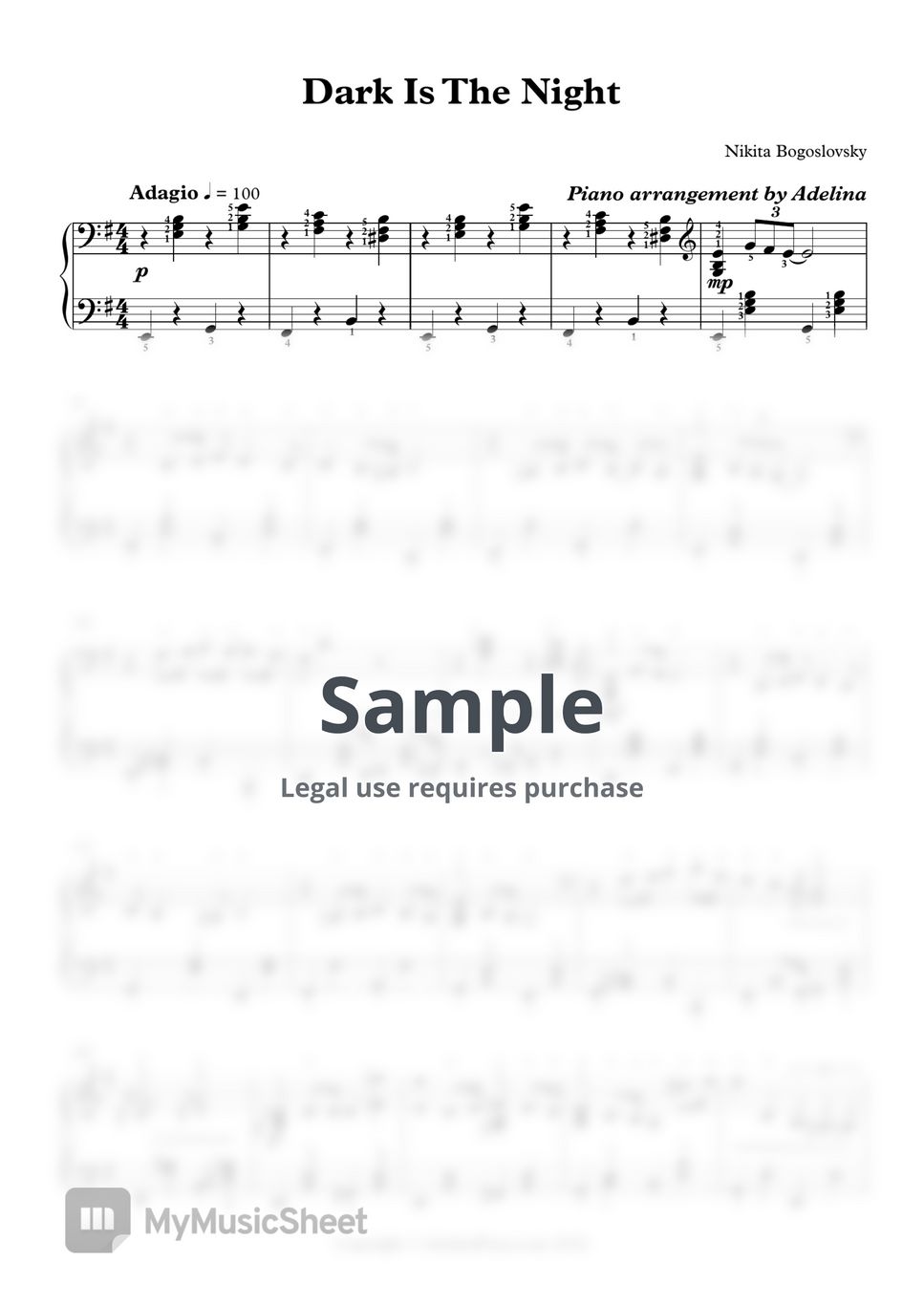 Nikita Bogoslovsky - Dark Is The Night Sheet Music by Adelina Piano