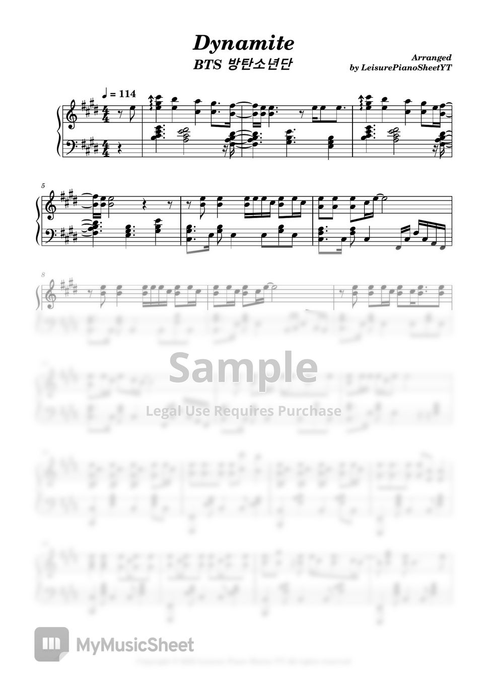 Bts Dynamite 악보 By Leisure Piano Sheets Yt