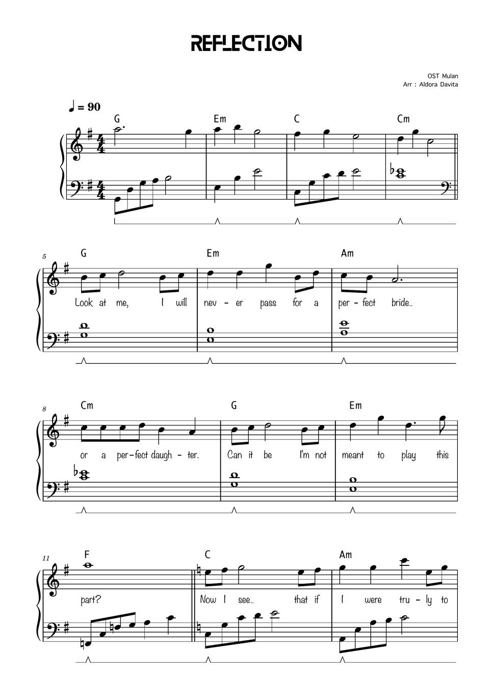 Christina Aguilera - Reflection (OST Mulan - Easy Short Version) Sheets ...