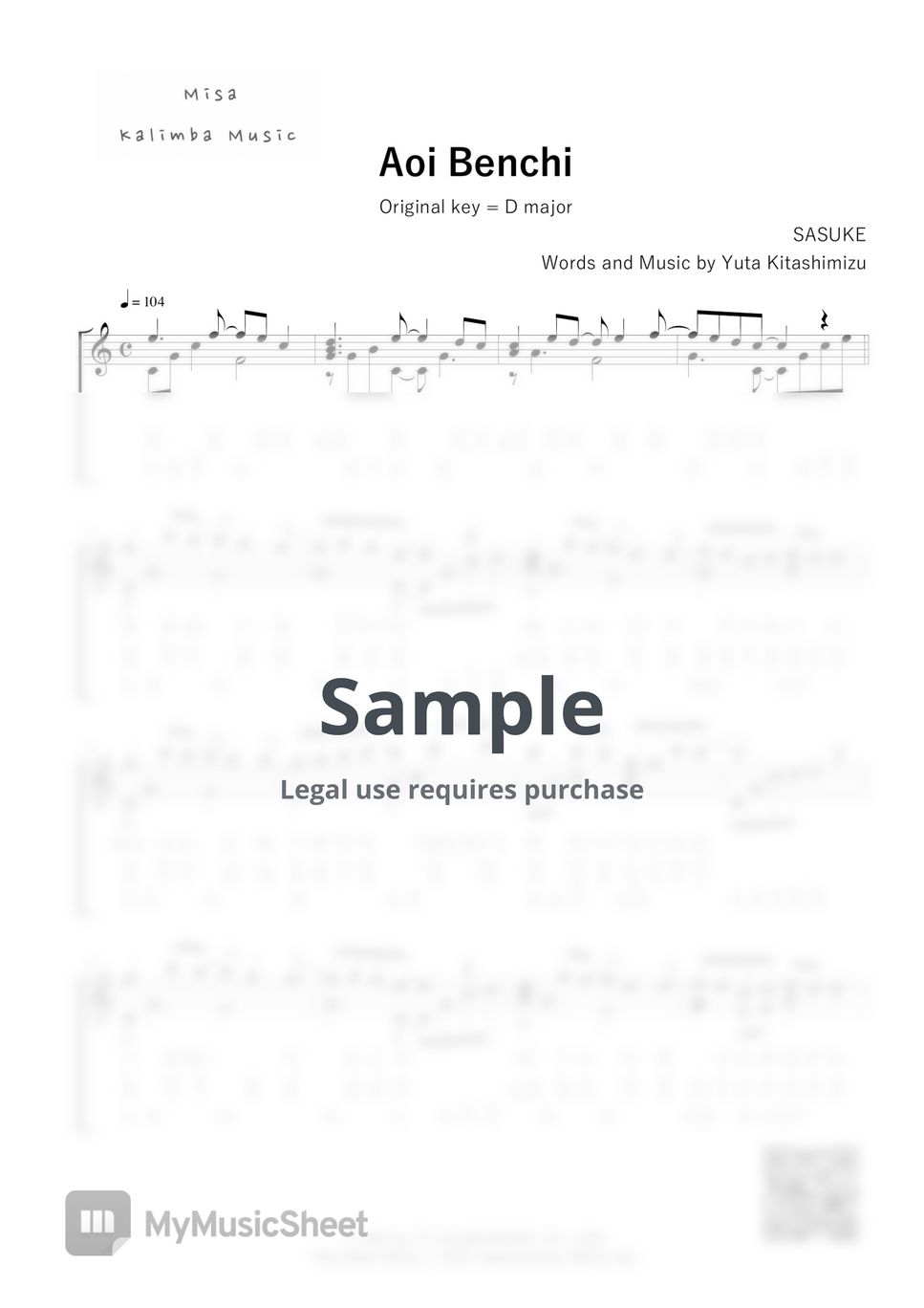 SASUKE - Aoi Benchi / 17 Keys Kalimba / Number Notation Sheets by Misa ...