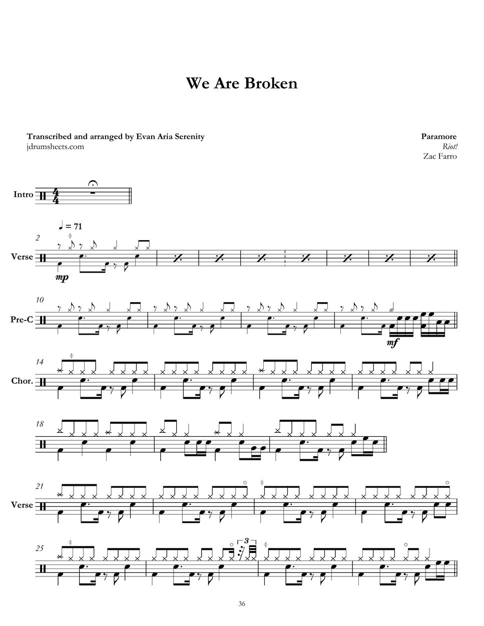 Paramore - We Are Broken 楽譜 by Jaslow Drum Sheets