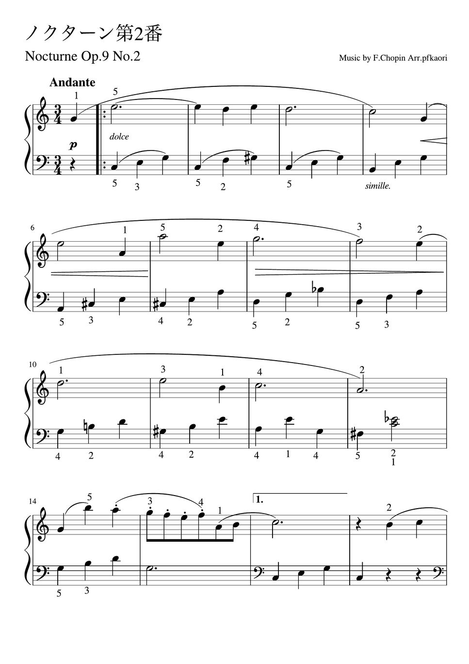 Chopin - Nocturne op.9 No.2 (C Piano solo) Sheets by pfkaori