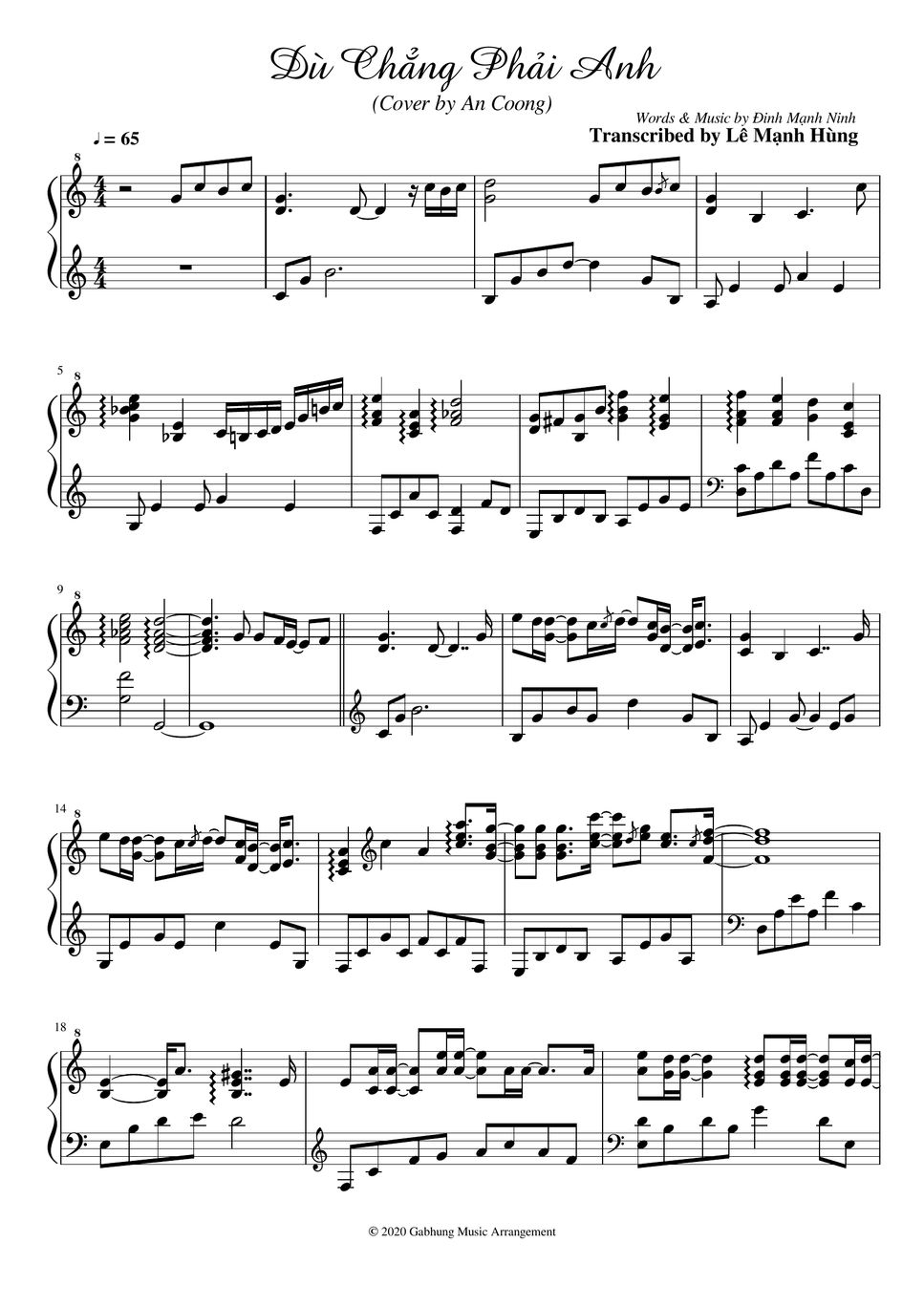 Cover by An Coong - Dù Chẳng Phải Anh (Transcribed) 樂譜 by Le Manh Hung
