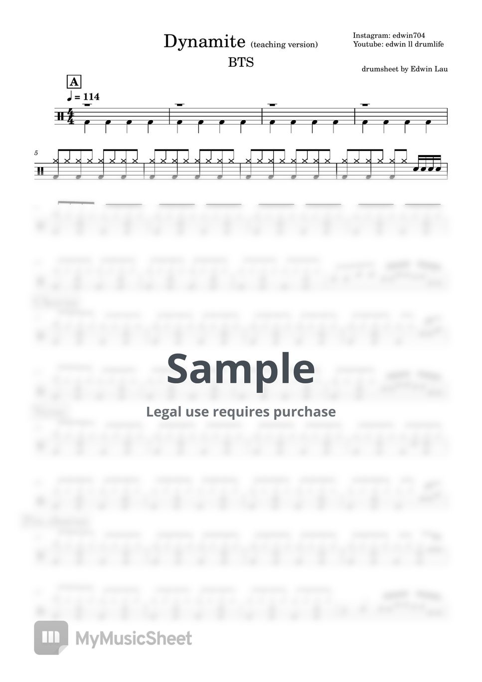 BTS - Dynamite (easy version) 악보 by edwin ll drumlife