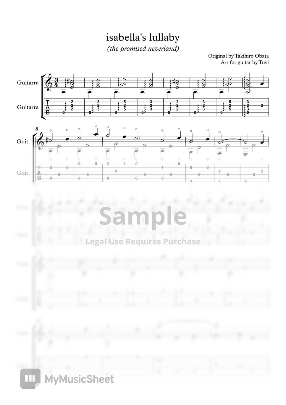 Takihiro Obata - isabella's lullaby (Classical guitar/Guitar cover) TAB+1 Staff by Tuvi_guitar