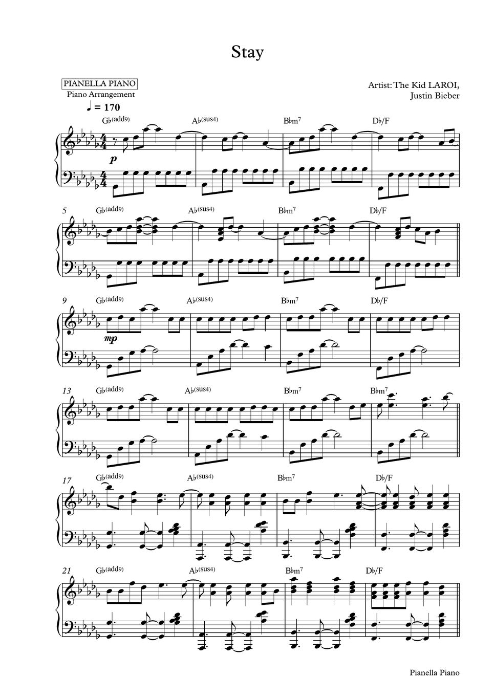The Kid LAROI, Justin Bieber - Stay (Piano Sheet) Sheets by Pianella Piano