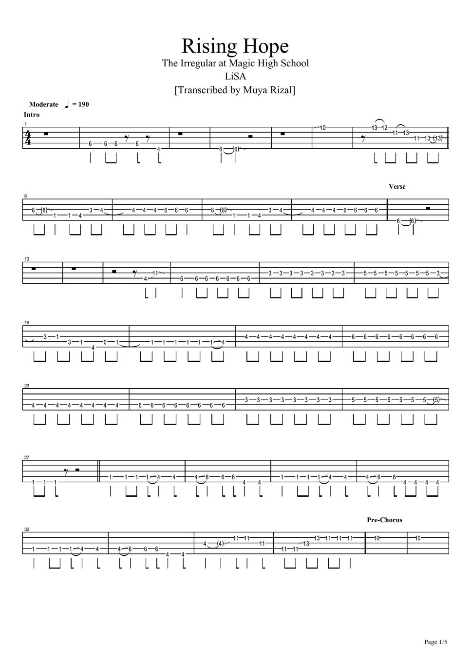 LiSA - Rising Hope (Bass TAB) Partition musicale by Muya