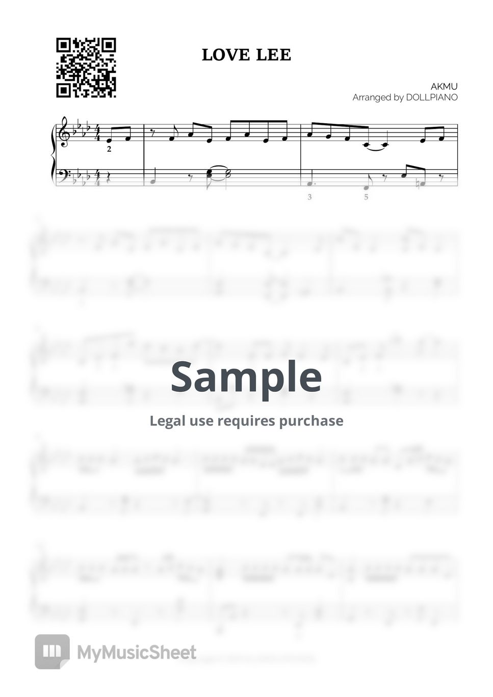 악동뮤지션 - LOVE LEE (짧고 쉬운 버전, 다장조+원키) Sheets by DOLLPIANO
