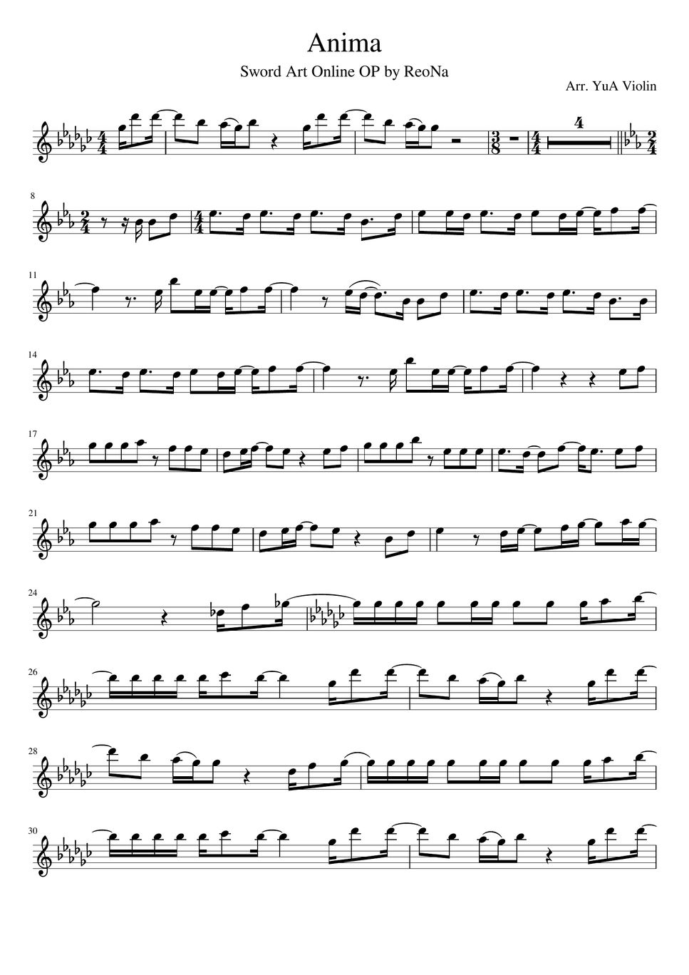 ReoNa - ANIMA from "Sword Art Online S3" [FULL] (Violin / Flute) 악보 by YuA Violin