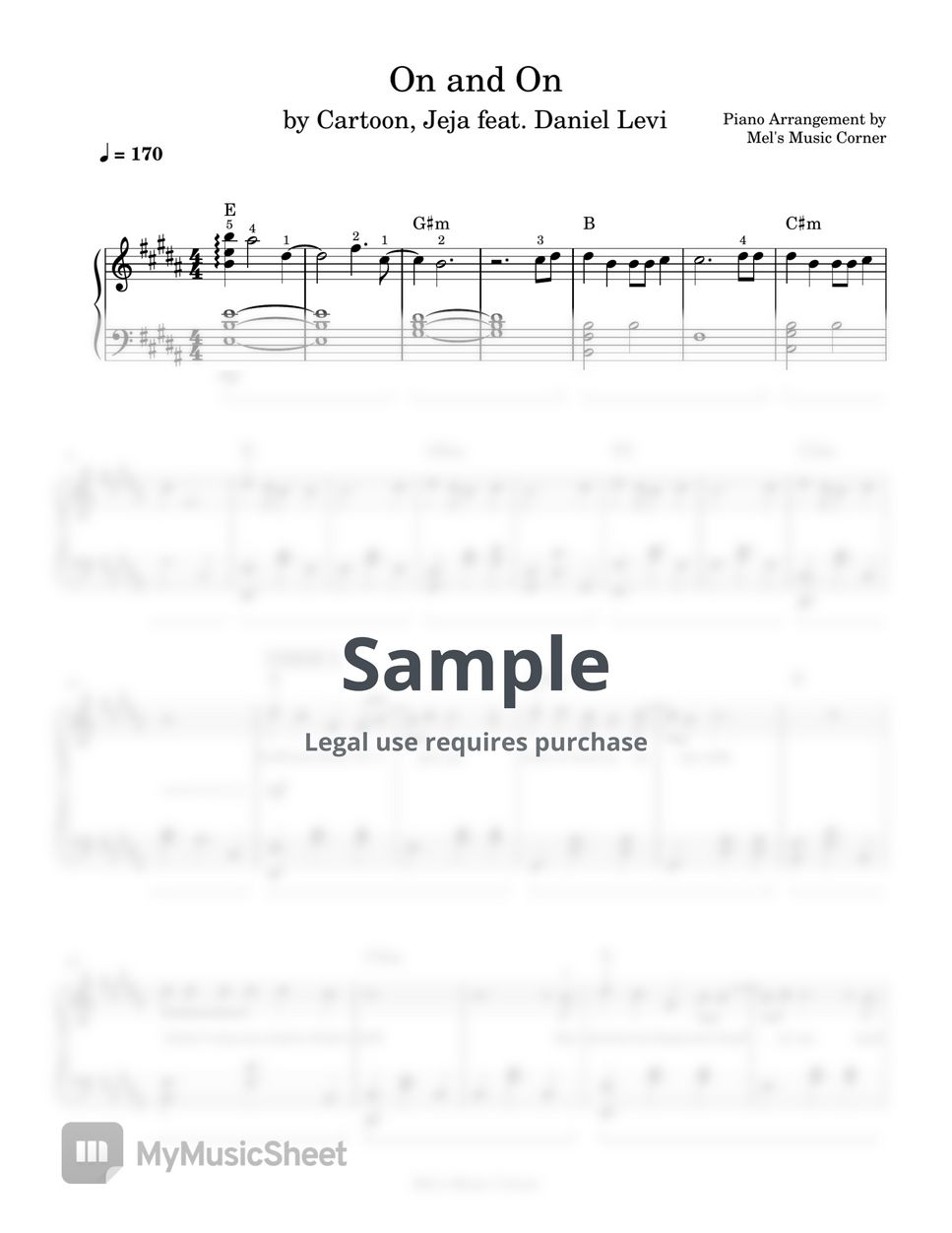 Cartoon, Jeja feat. Daniel Levi - On and On (piano sheet music) 楽譜 by ...