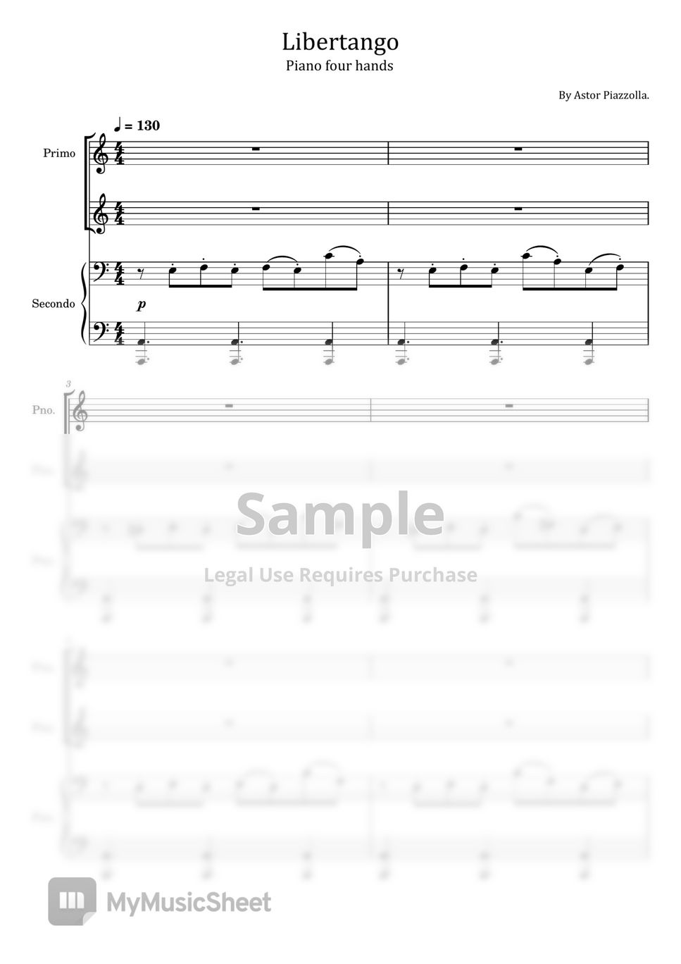 Astor Piazzolla - Libertango (Piano four hands - For Piano duet - With Fingered) Sheet Music by poon