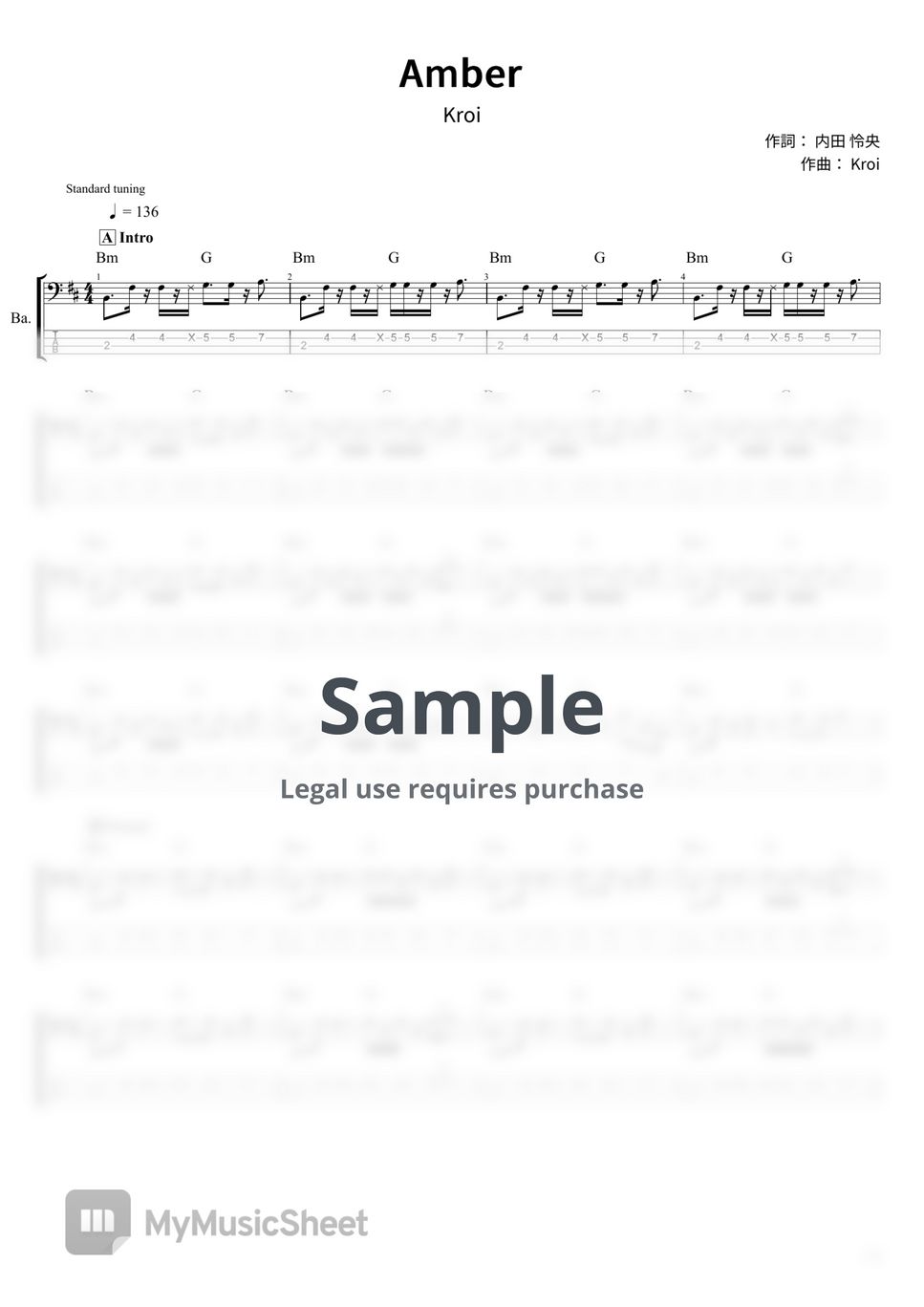 Kroi - Amber (Bass Tabs 4-string) Tab + 단선 악보 by T's bass score