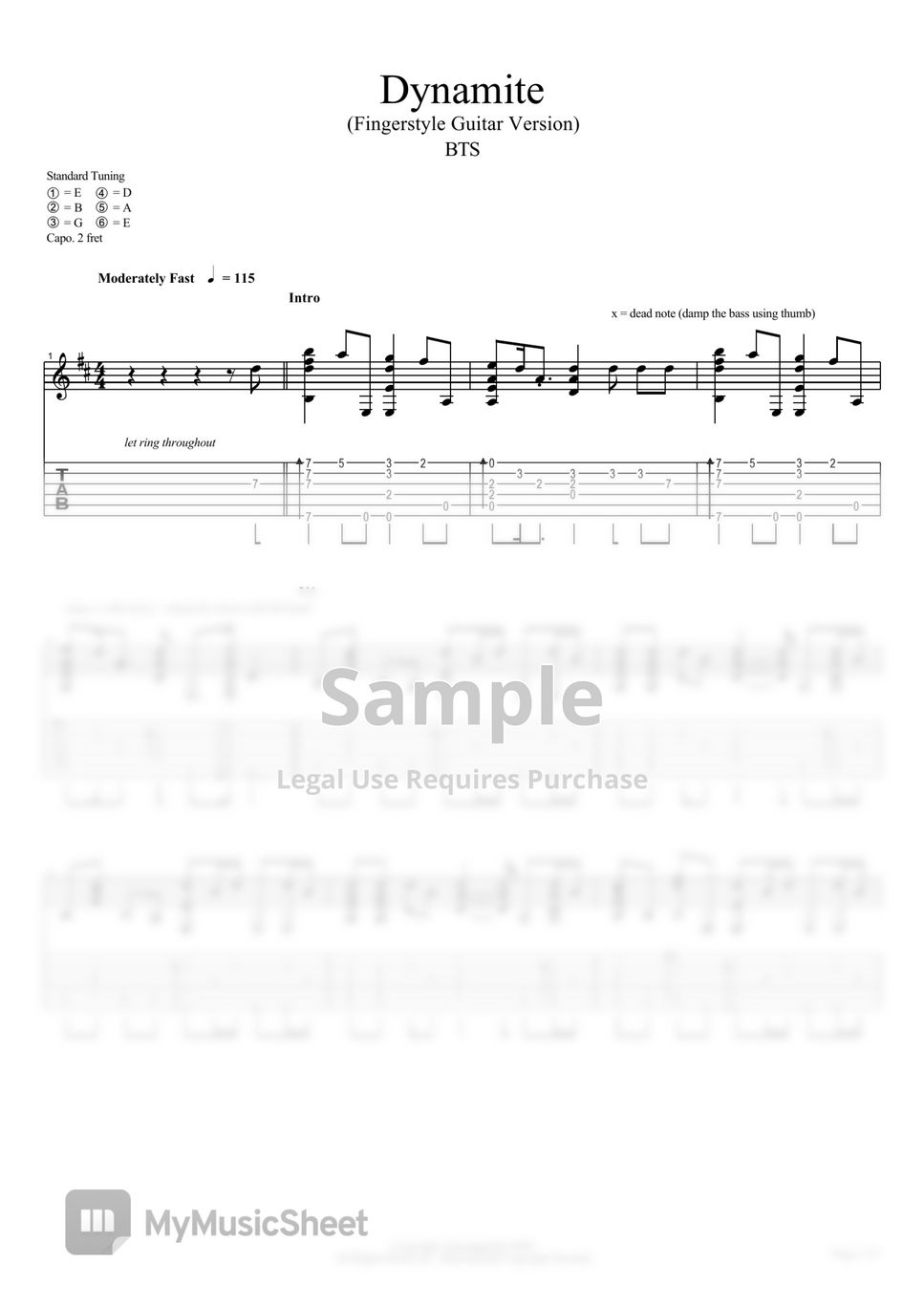 BTS - Dynamite (Shlyn 커버) (Guitar) Tab + 단선 악보 by TaeHyun Taylor Lee