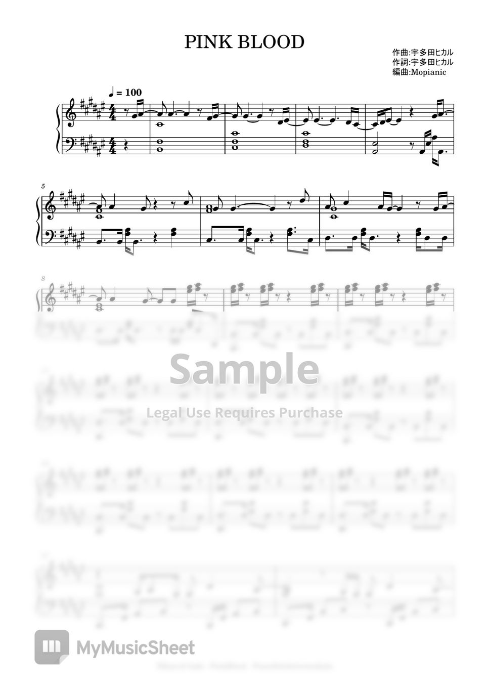 宇多田ヒカル - PINK BLOOD (intermediate, piano) Sheets by Mopianic