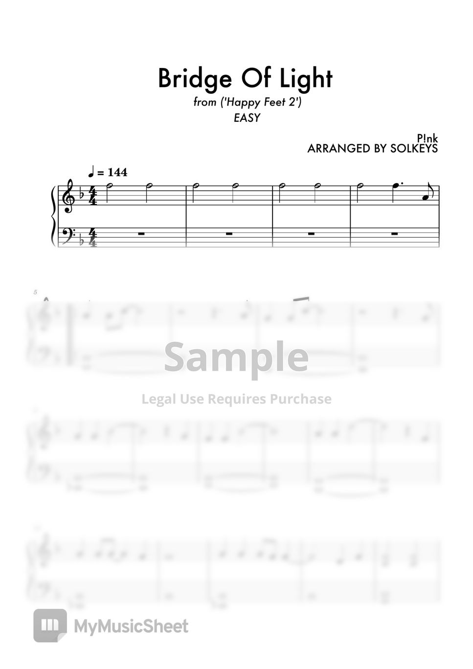 P!nk - Bridge Of Light ('Happy Feet 2') Sheet Music by SolKeys