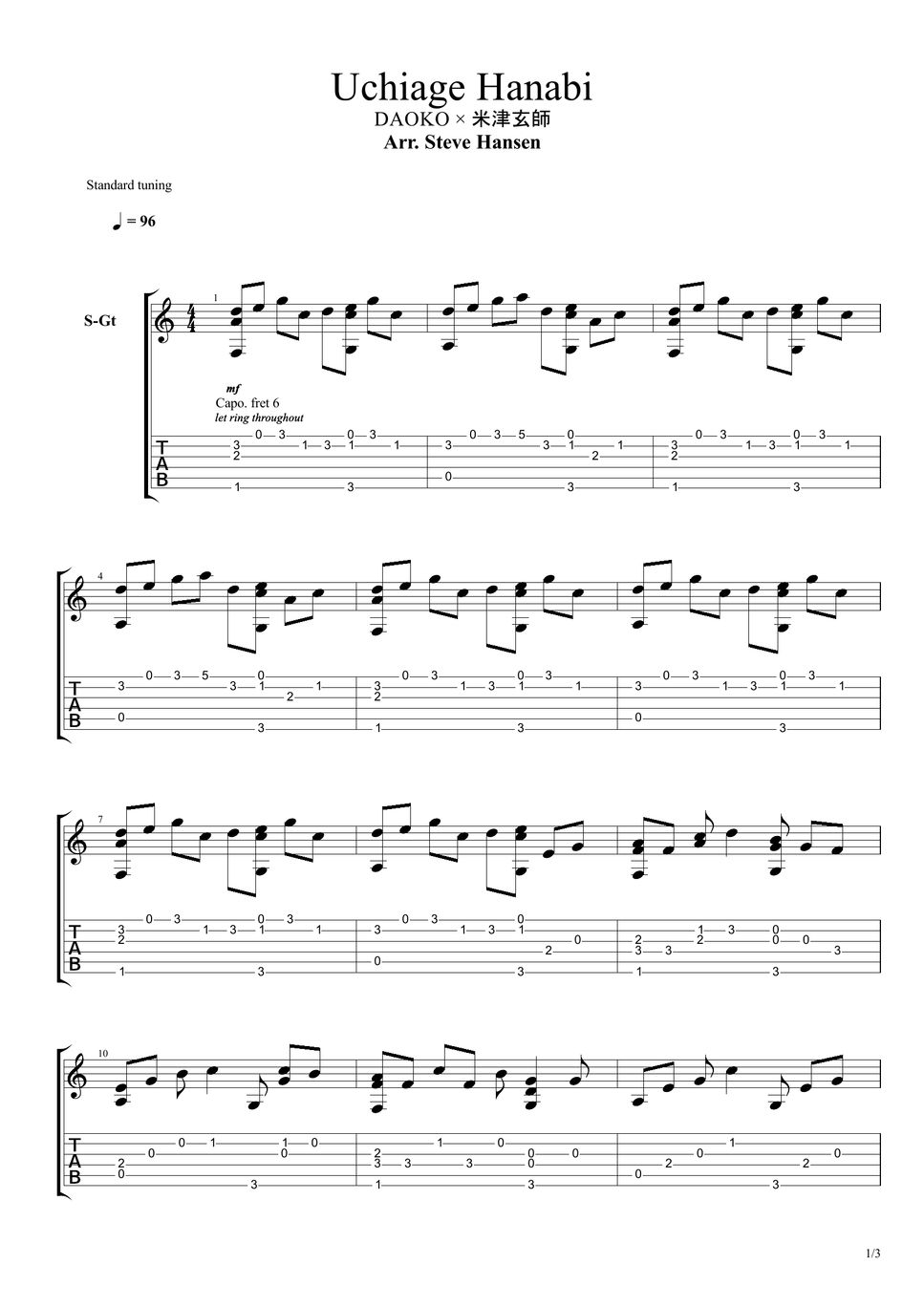 DAOKO x Kenshi Yonezu - Uchiage Hanabi (Fingerstyle) 악보 by Steve Hansen