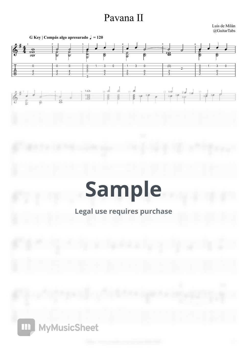 Luis de Milan - Pavana II (오선+타브+운지(Staff+TAB+Fingering)) टैब + 1 कर्मचारी by 624 TABs