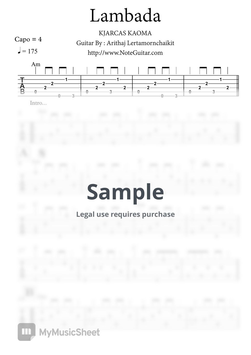 (KJARCAS KAOMA) - Lambada - Fignerstyle Guitar Sheet Music by Arithaj Lk