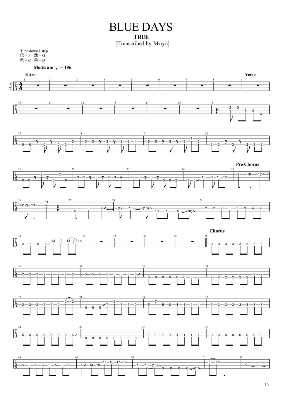 TRUE - BLUE DAYS (Bass TAB) Sheets by Muya