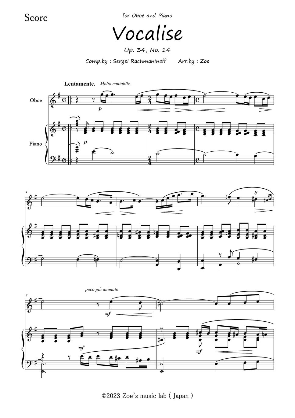 Rachmaninoff - Vocalise Op.34,No.14 / for Oboe and Piano (ヴォカリーズ/ラフマニノフ ...