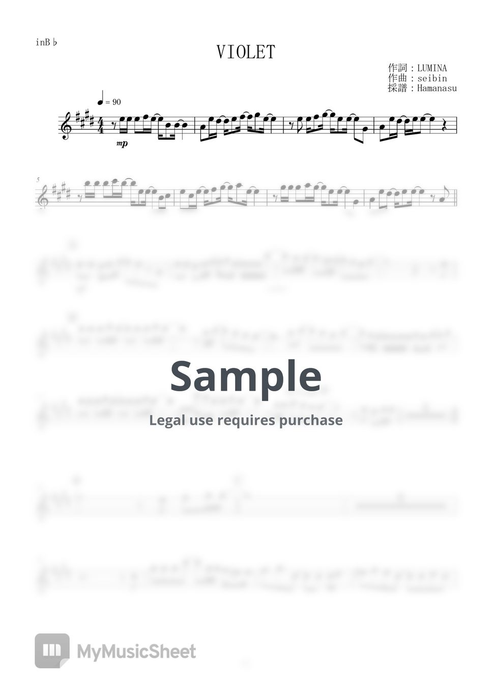 Ninomae Ina'nis - VIOLET (inB♭) Sheet Music by Hamanasu