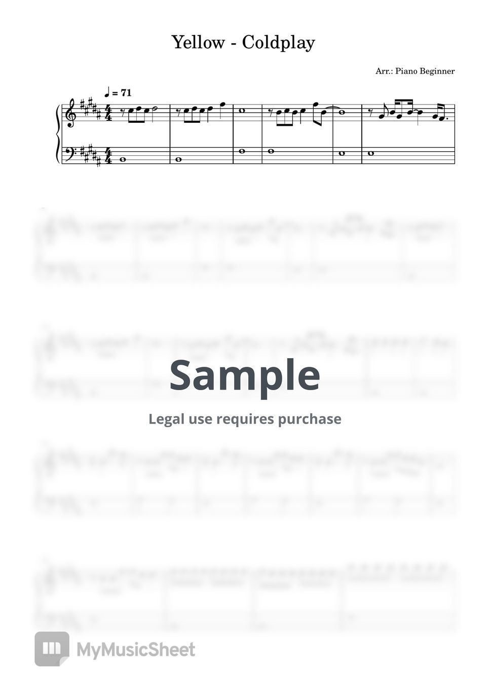 Yellow - Coldplay 악보 by Piano Beginner