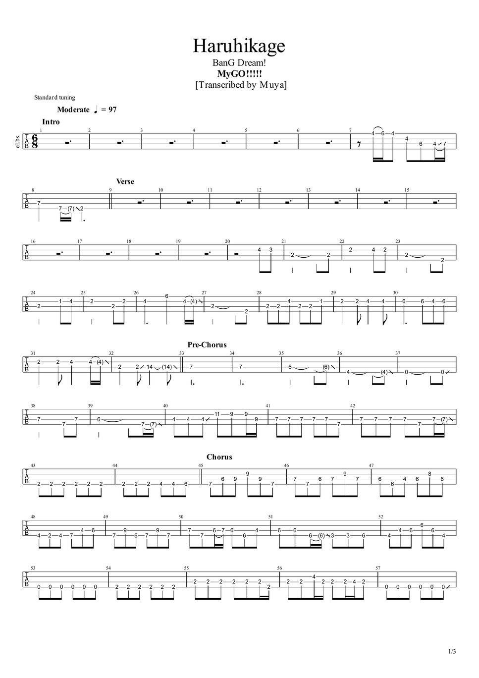 MyGO!!!!! - Haruhikage (Bass TAB) Sheet Music by Muya